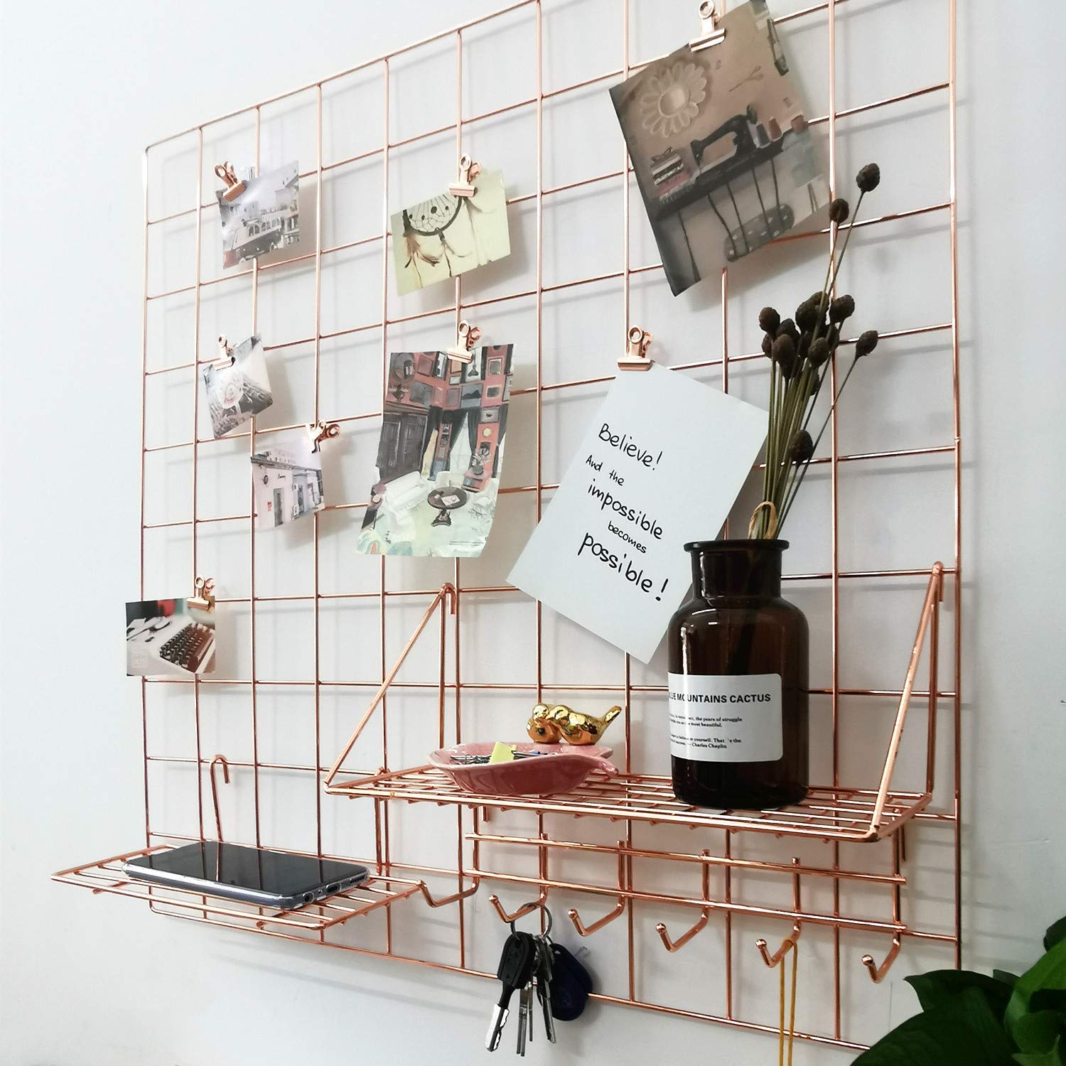 Yash Metal Wire Grid Panel, Display Organizer, Postcard Wall Artwork Display for Home Office Living Room Dorm Kitchen Storage Grid Wall, 23.6" X 23.6", Pack of 2 Pcs, Rose Gold