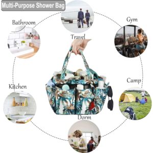 Haundry Shower Caddy Bag, Portable Mesh Shower Basket Organizer with Key Hook for College Dorm Bathroom Camp Gym, Hanging Tote Bag with 8 Pockets, Coconut Tree