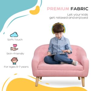 Qaba 2-Seat Kids Sofa, Toddler Sofa Couch, Linen-Like Fabric and Wooden Frame Sofa Chair for Ages 3-7, 11" High Seat, Pink