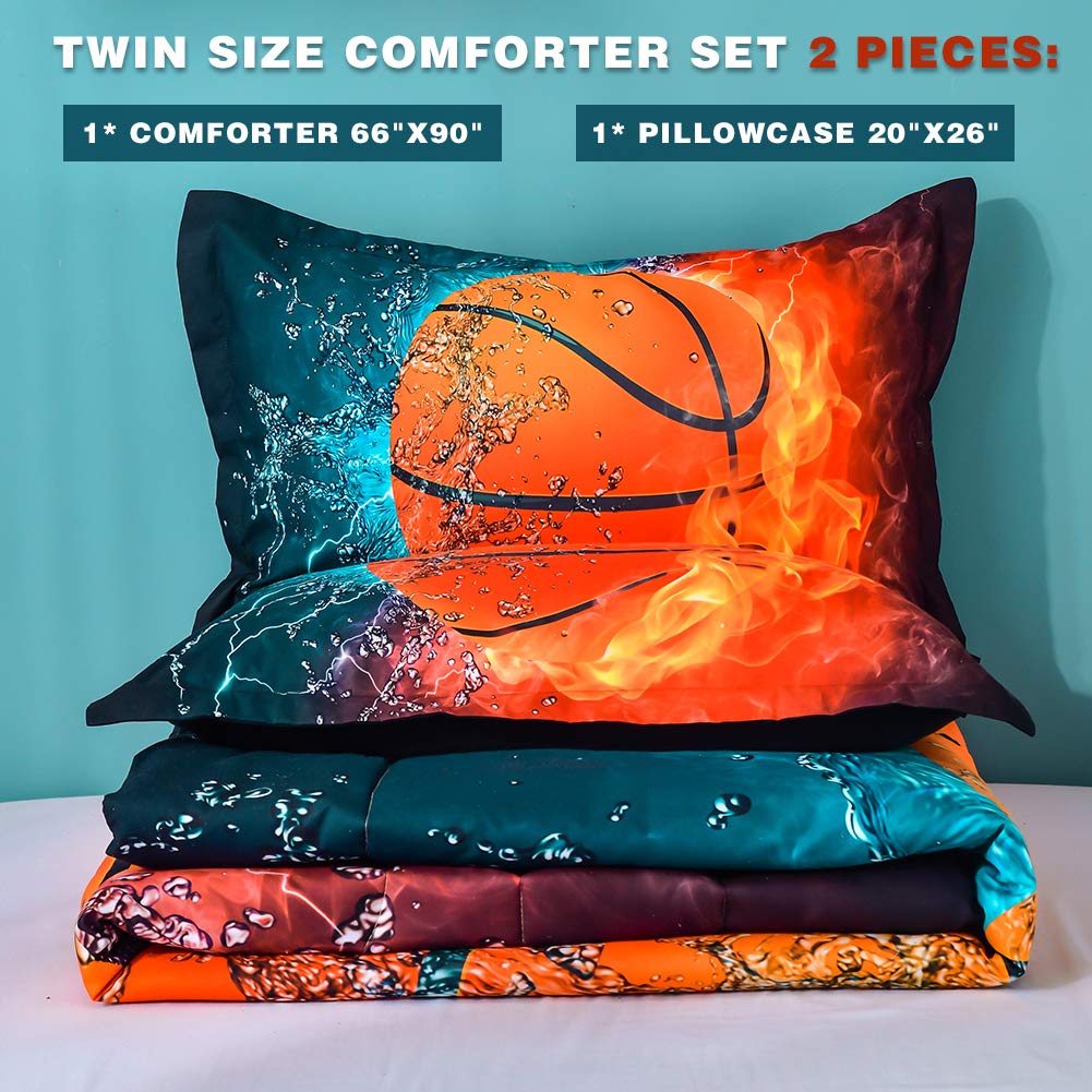 Andency Basketball Comforter Twin(66x90 Inch), 2 Pieces(1 Basketball Comforter, 1 Pillowcase) Sport Microfiber Basketball Comforter Set Bedding Set for Kids Boys Teens