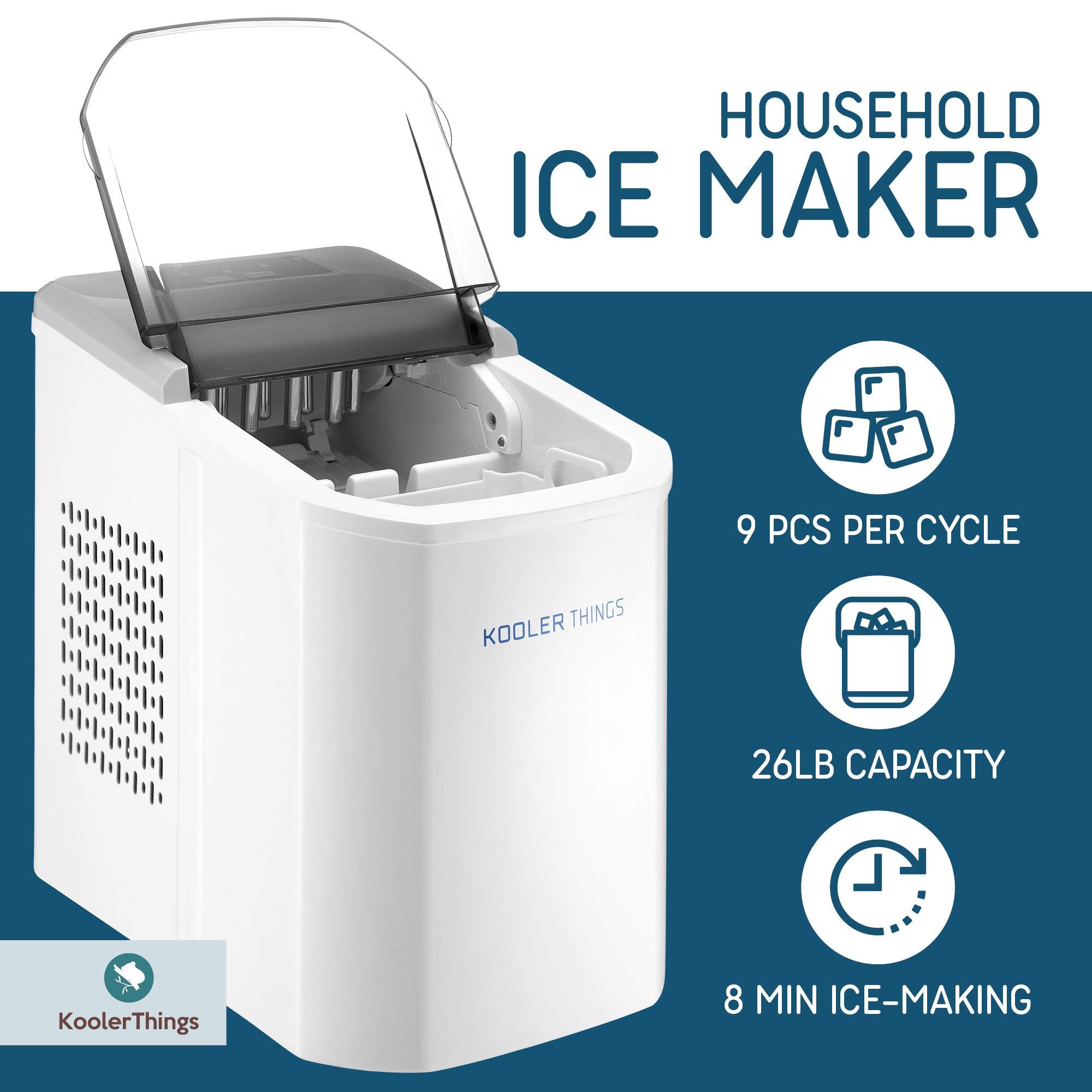 Automatic Self-Cleaning Portable Electric Countertop Ice Maker Machine With Handle, 9 Bullet Ice Cubes Ready in 7 minutes, Up to 26lbs in 24hrs With Ice Scoop and Basket