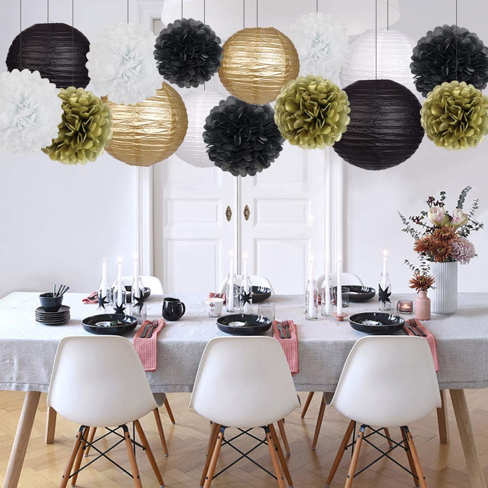 zilue Black Gold Party Decorations, Black Gold Paper Lanterns and Pom Poms Flowers for Birthday Party Graduation Masquerade New Years Party Decor 15PCS