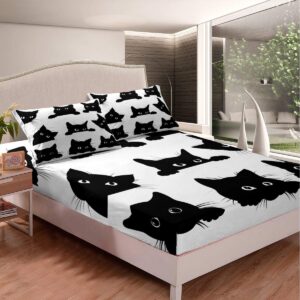 feelyou black cat bed sheet set for kids boys girls pet cats pattern fitted sheet cute kitten print bedding set 3d animal theme bed cover bedroom decor 2pcs twin size white