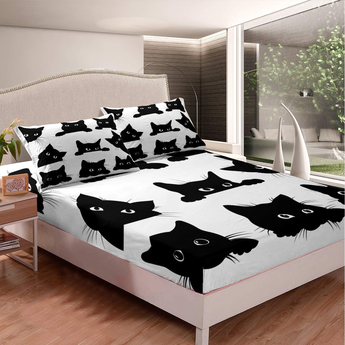 Feelyou Black Cat Bed Sheet Set for Kids Boys Girls Pet Cats Pattern Fitted Sheet Cute Kitten Print Bedding Set 3D Animal Theme Bed Cover Bedroom Decor 2Pcs Twin Size White