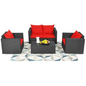 tangkula 4 piece patio rattan conversation furniture set, outdoor wicker sofa set with padded cushion & tempered glass coffee table, wicker sectional sofas and table for courtyard balcony garden