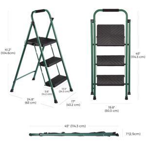 Delxo Non-Slip 3 Step Stool Folding Sturdy Steel Wide Step Ladder with Hand Grip and Locking Mechanism for Indoor Household Kitchens, Green/Black