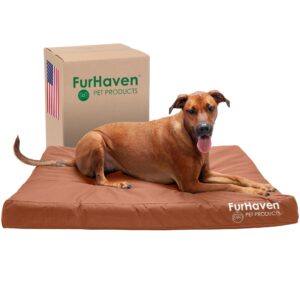 furhaven water-resistant orthopedic dog bed for large dogs w/ removable washable cover, for dogs up to 95 lbs - indoor/outdoor logo print oxford polycanvas mattress - chestnut, jumbo/xl