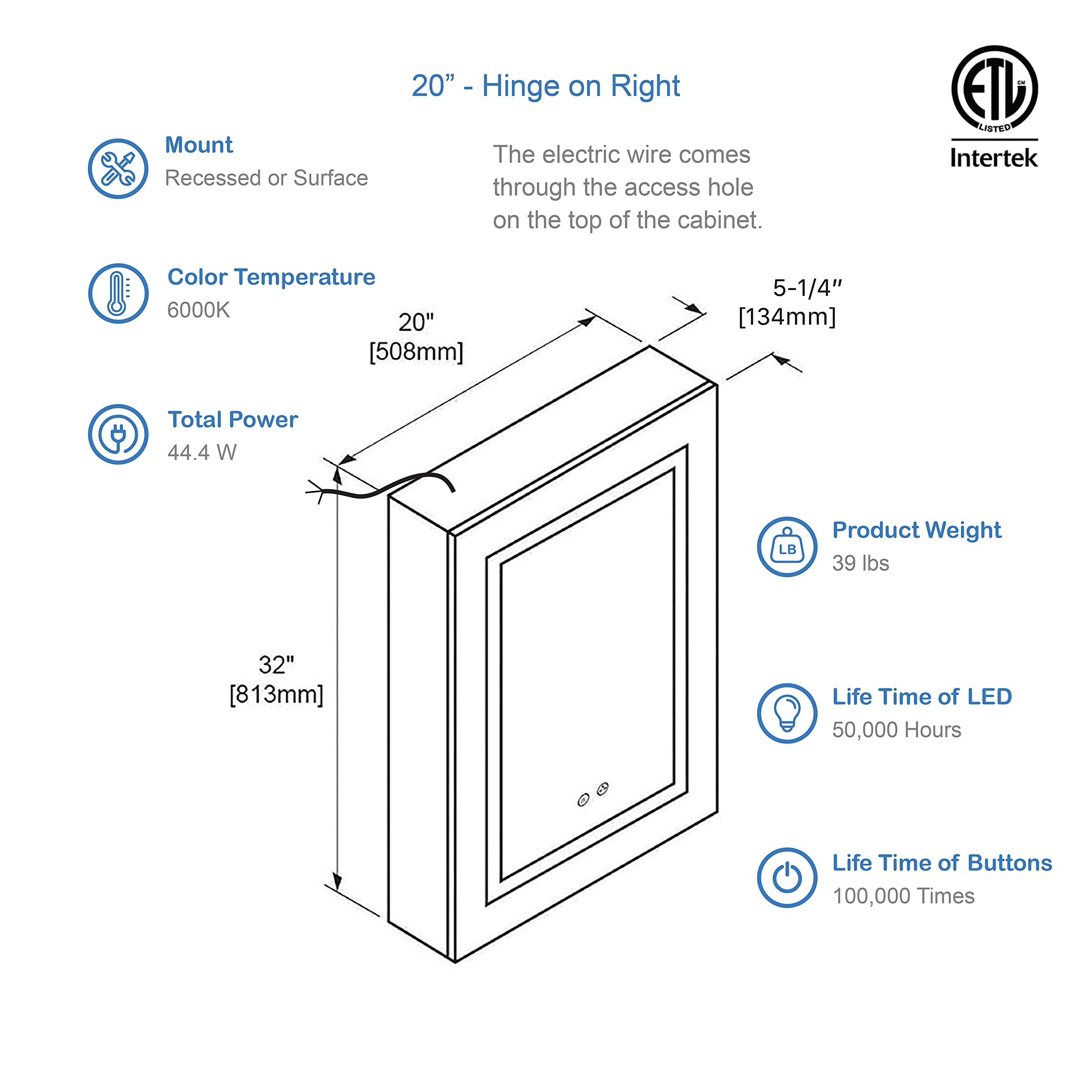 BLOSSOM Recessed or Surface LED Lighted Mirror Medicine Cabinet with Lights, LED Medicine Cabinet with Defogger (20x32/Right Hinge)