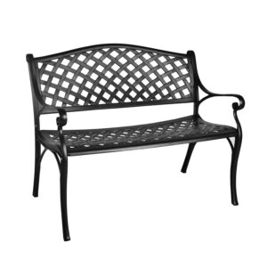 giodir outdoor patio garden bench all-weather cast aluminum loveseats park yard furniture porch chair work entryway decor w/checkered design (black)