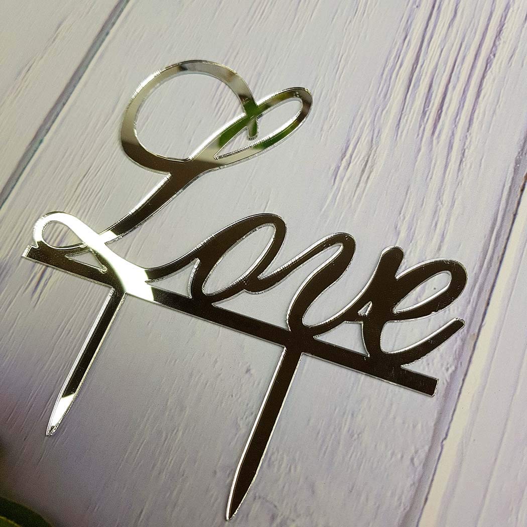 Love Cake Topper - Wedding/Engagement/Bridal Shower/Anniversary/Birthday/Bachelorette/Confession Party Decorations Supplies - Mirror Silver Acrylic