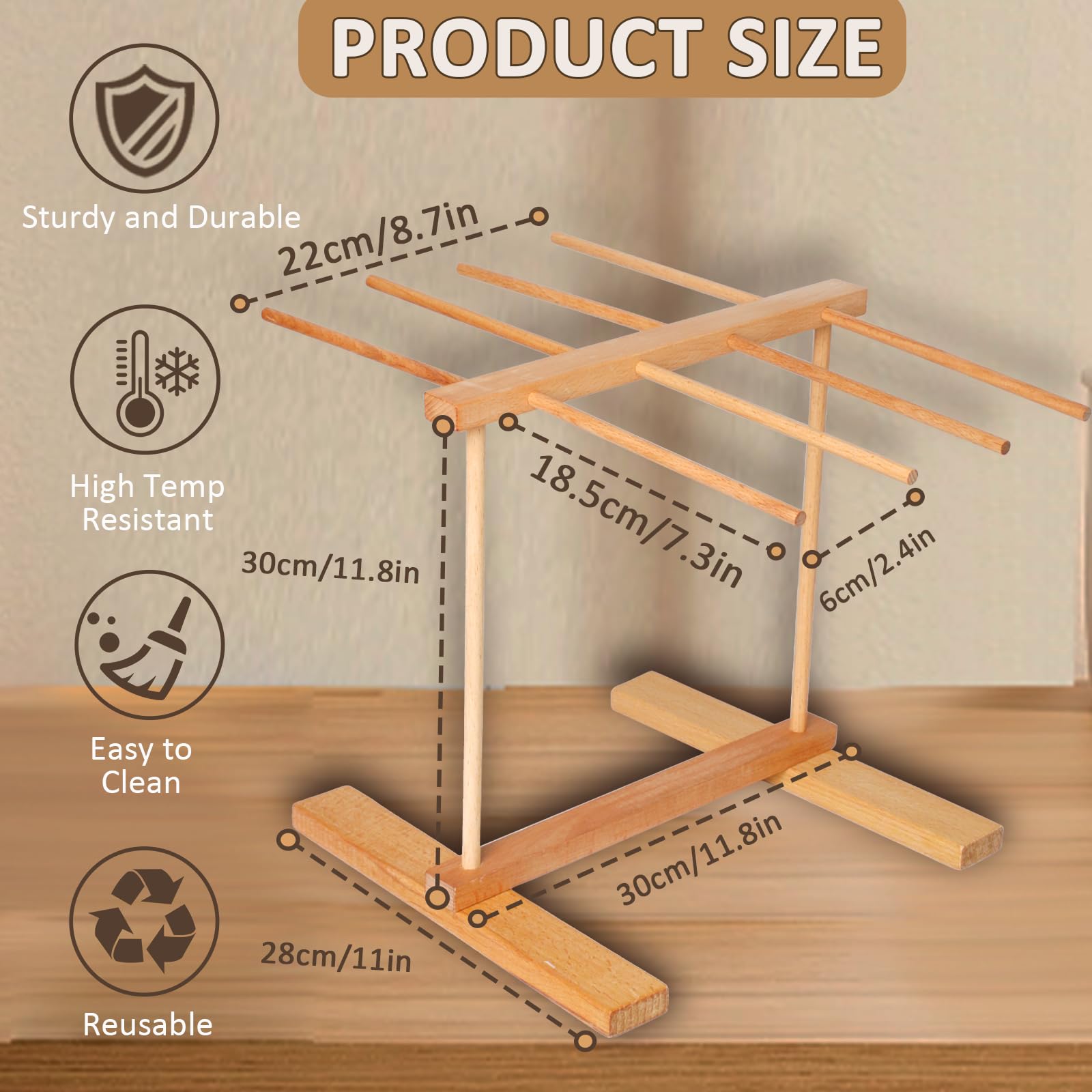 Gekufa Pasta Drying Rack Collapsible | Household Spaghetti Noodle Dryer Stand for Drying Pasta and Cooking | Pasta Tree with 8 Arms | Beechwood