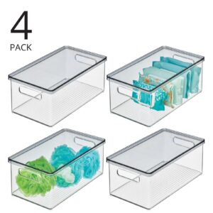 mDesign Plastic Storage Bin Box Container, Lid, Built-In Handles, Organization for Makeup, Hair Styling Tools, Accessories in Bathroom Cabinet, Shelves, Ligne Collection, 4 Pack, Clear/Smoke Gray