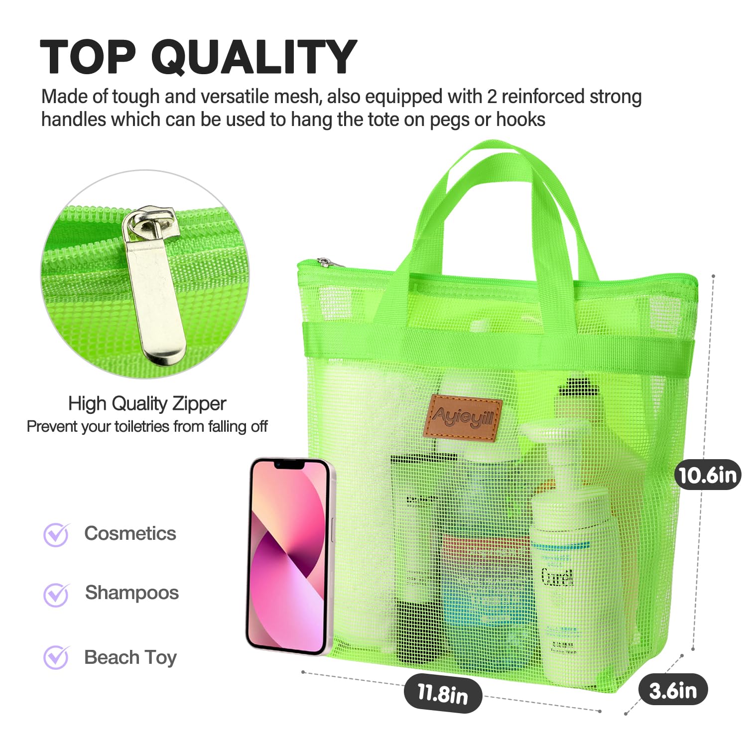 2 Pcs Shower Mesh Caddy Bag Quick Dry Hanging Toiletry and Bath Organizer for Travel and Swimming with Zipper (Roes-Green)