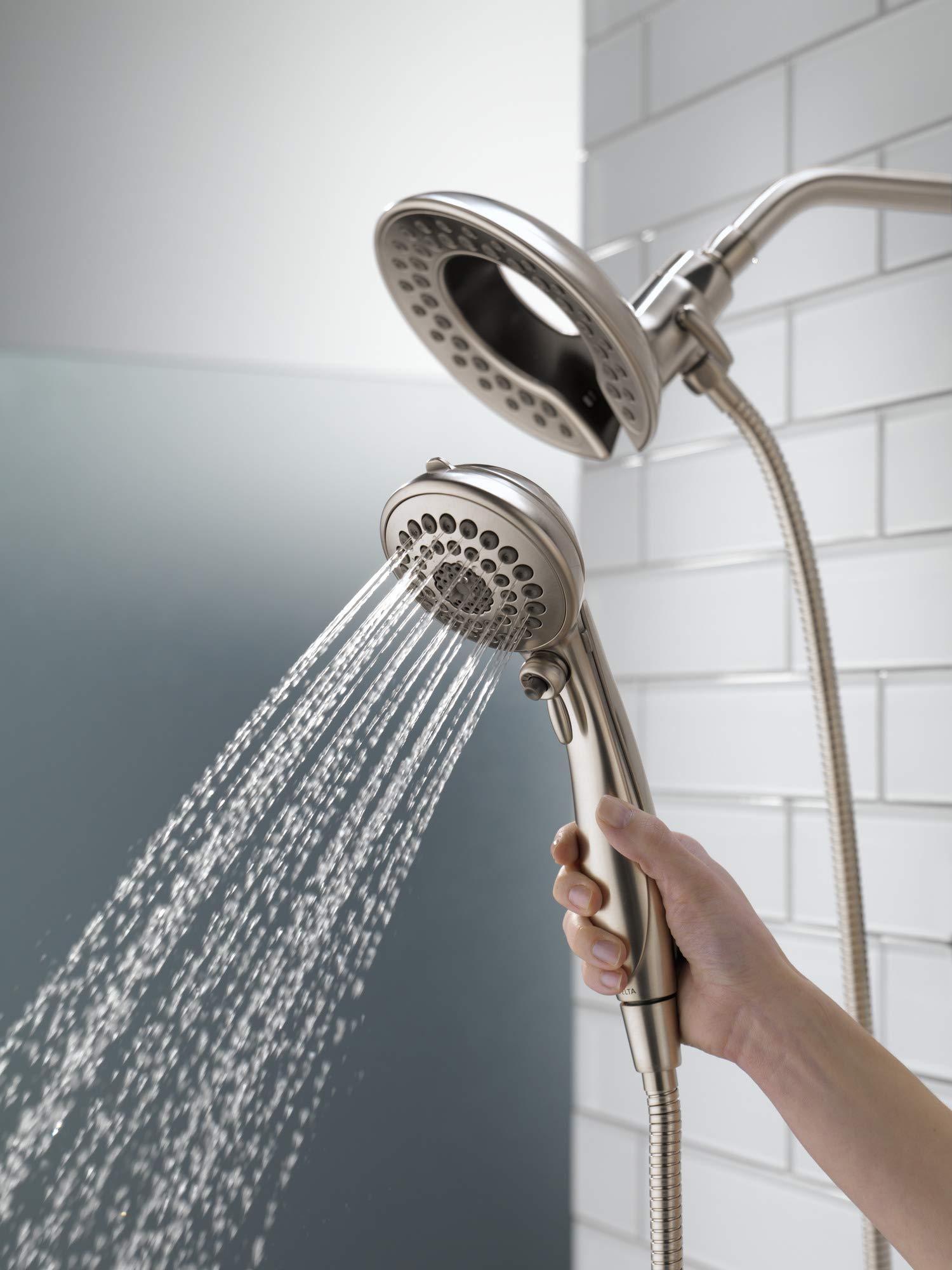 Delta Faucet 5-Spray In2ition 2-in-1 Dual Shower Head with HandHeld Spray, Brushed Nickel Hand Held Shower Head with Hose, Handheld Shower Heads, 2.5 GPM Shower Head, Stainless 58569-SS25-PK