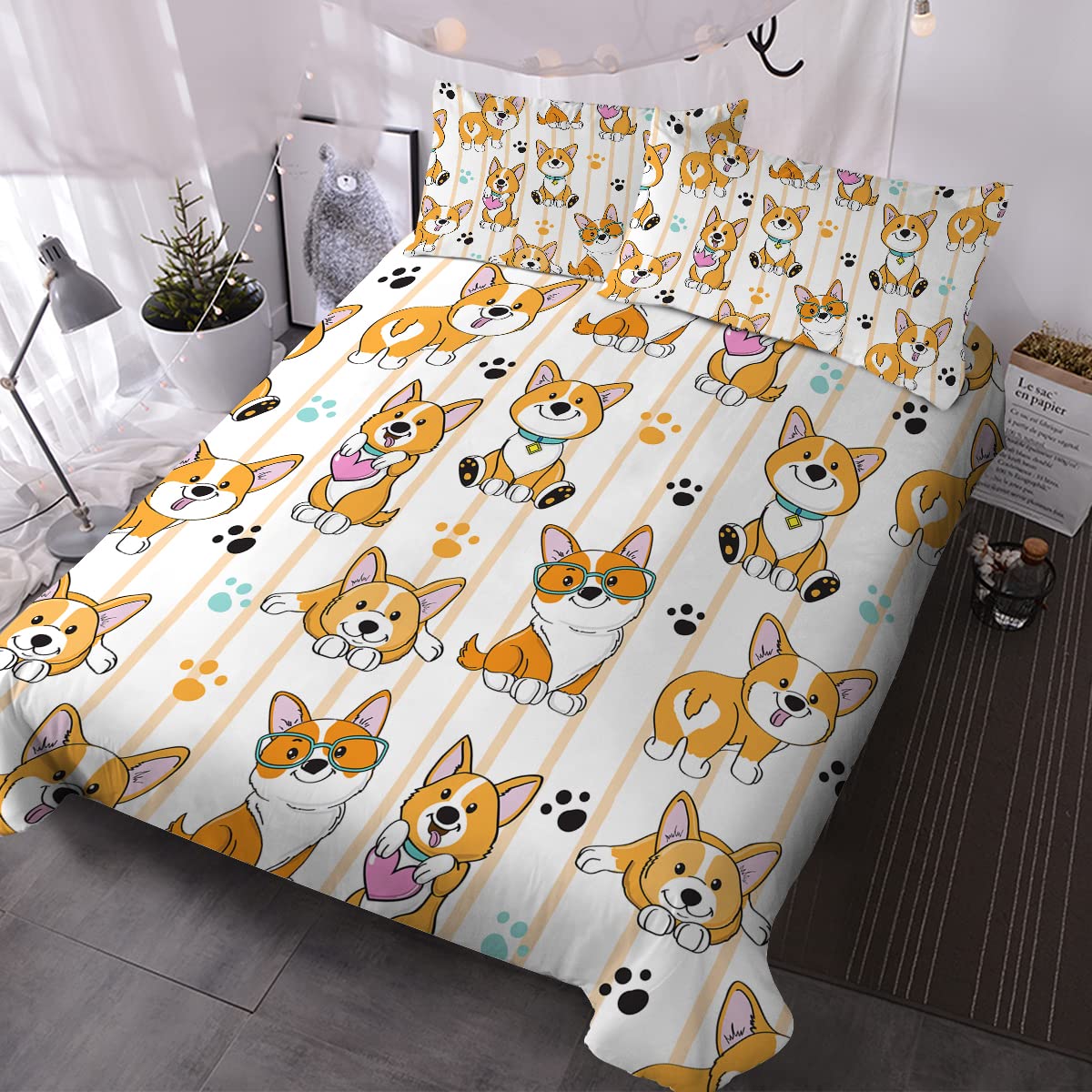 BlessLiving Kids Dog Bedding Twin Size 3D Orange Corgi Modern Striped Bedspread 3 Piece Puppy Animals Duvet Cover Set for Boys Girls