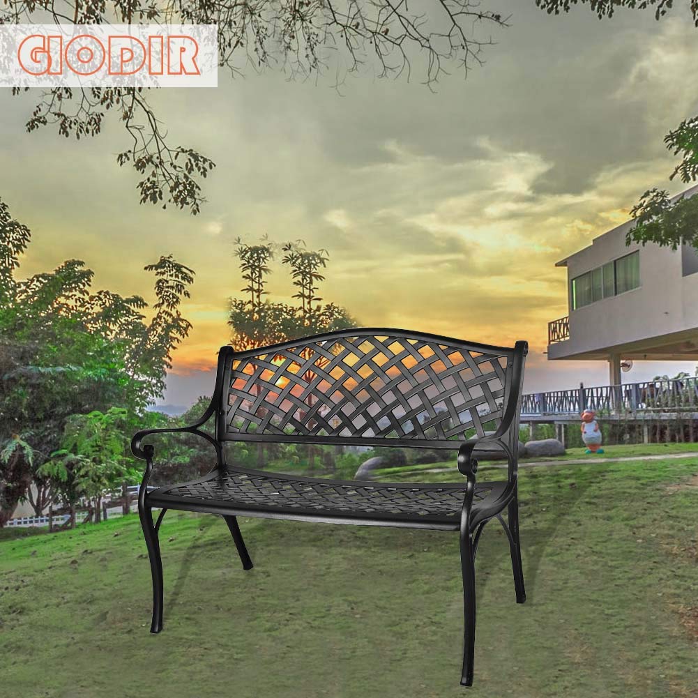 GIODIR Outdoor Patio Garden Bench All-Weather Cast Aluminum Loveseats Park Yard Furniture Porch Chair Work Entryway Decor w/Checkered Design (Black)