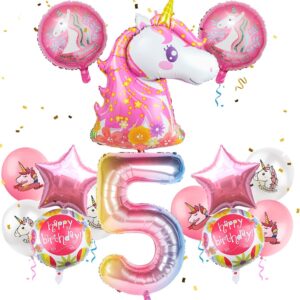 movinpe unicorn balloons birthday party decorations for girls 6th party, 43" pink large unicorn gradient jumbo number 6" foil balloon bouquet, girly unicorn theme party supplies backdrop decor