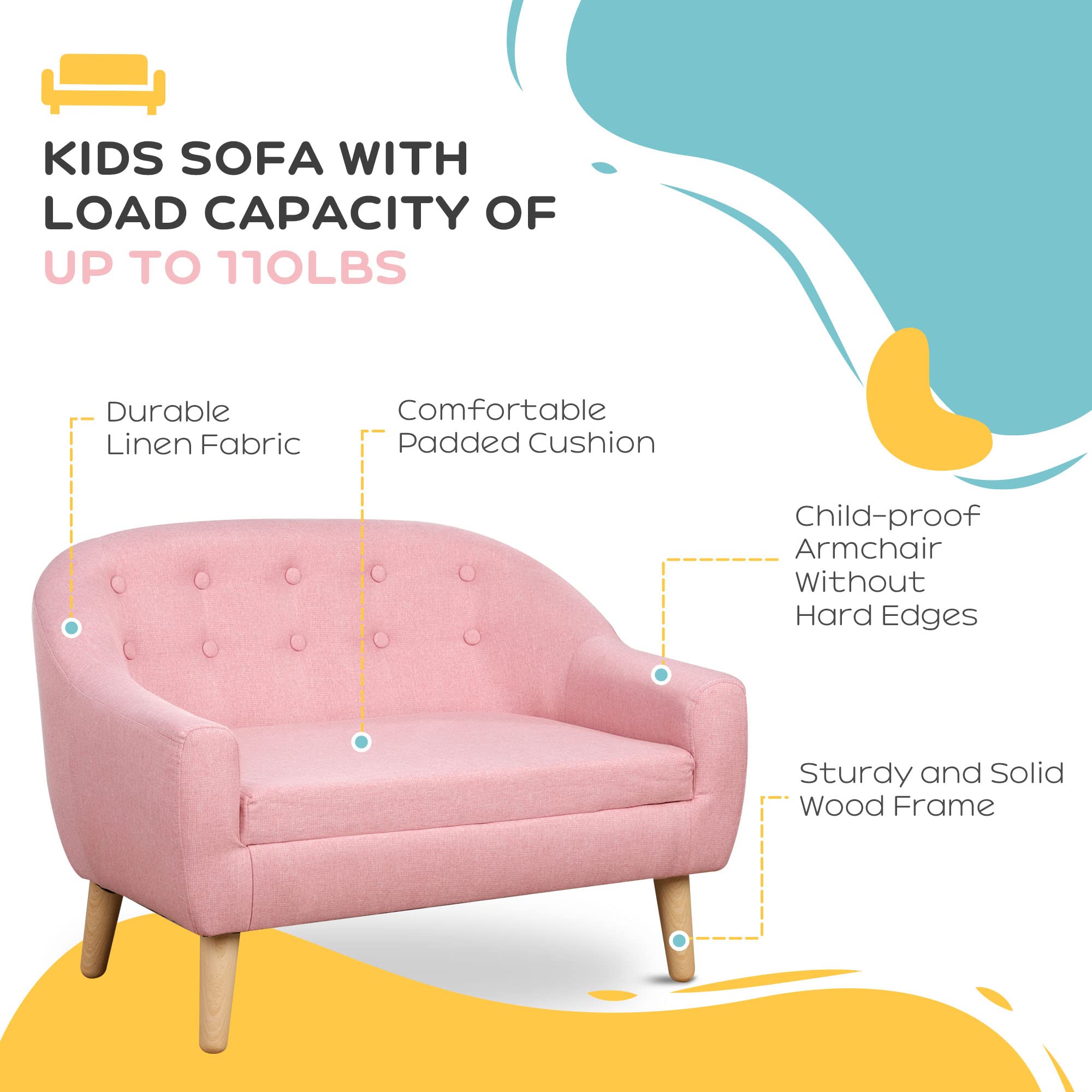 Qaba 2-Seat Kids Sofa, Toddler Sofa Couch, Linen-Like Fabric and Wooden Frame Sofa Chair for Ages 3-7, 11" High Seat, Pink