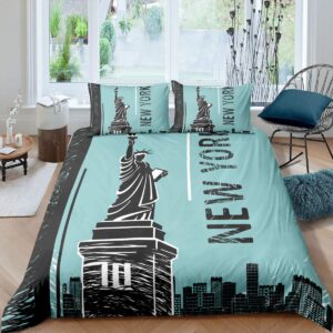 erosebridal statue of liberty bedding set city scape comforter cover famous attractions in new york usa duvet cover set for men women, teal 3 pieces bedding set with 2 pillow shams, full size