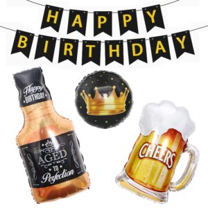 oulaiz happy birthday banner with beer mug whiskey bottle & crown mylar foil balloons, birthday party decorations supplies for men and women