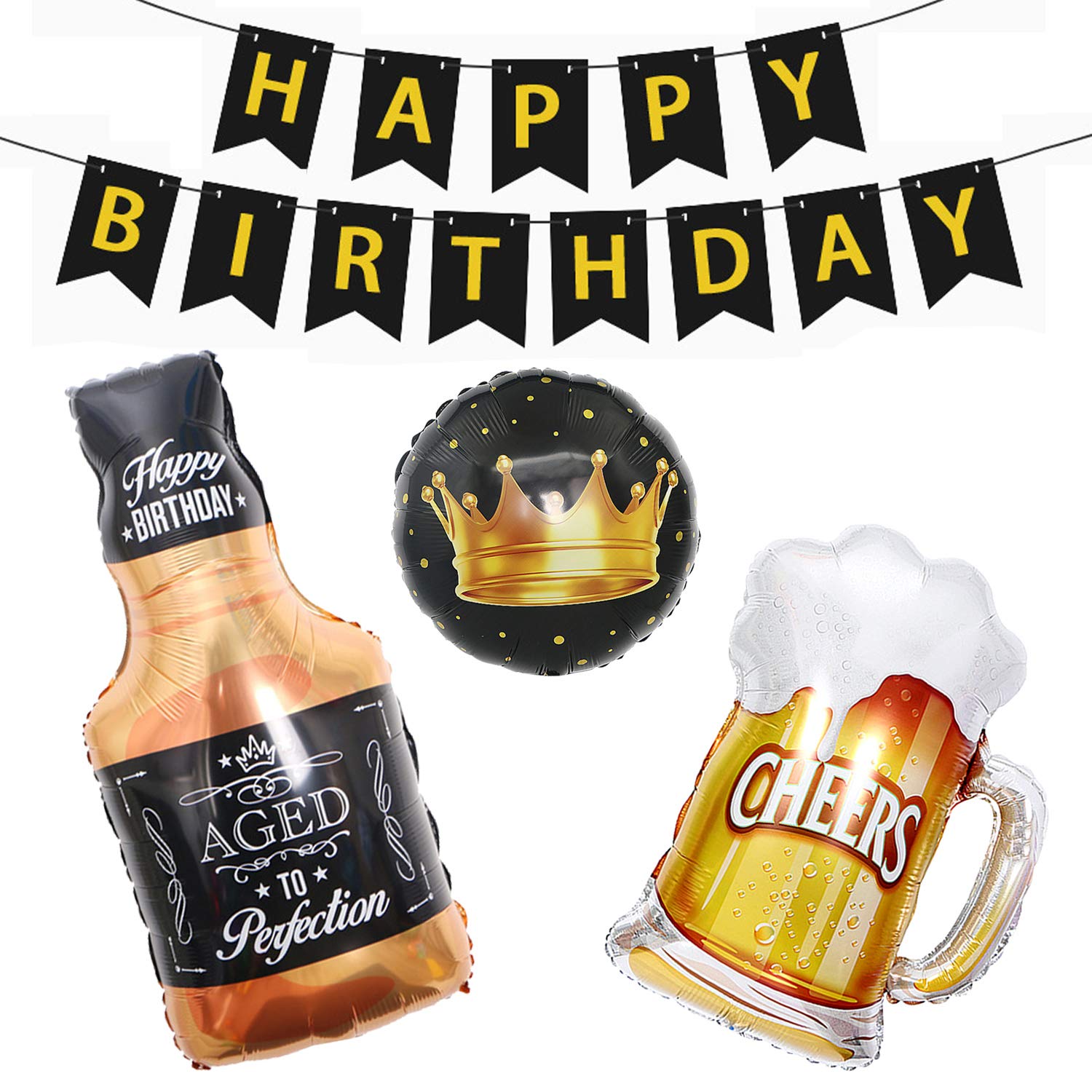 OULAIZ Happy Birthday Banner with Beer Mug Whiskey Bottle & Crown Mylar Foil Balloons, Birthday Party Decorations Supplies for Men and Women