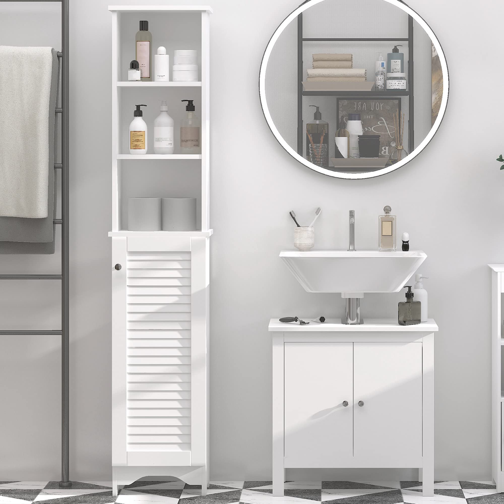 HOMCOM Tall Bathroom Storage Cabinet/Freestanding Linen Tower with 3-Tier Open Adjustable Shelf, White