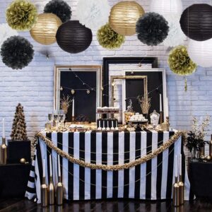 zilue Black Gold Party Decorations, Black Gold Paper Lanterns and Pom Poms Flowers for Birthday Party Graduation Masquerade New Years Party Decor 15PCS