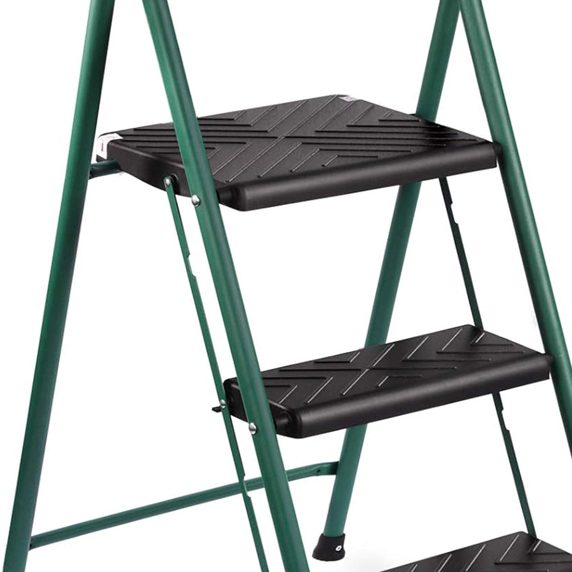 Delxo Non-Slip 3 Step Stool Folding Sturdy Steel Wide Step Ladder with Hand Grip and Locking Mechanism for Indoor Household Kitchens, Green/Black