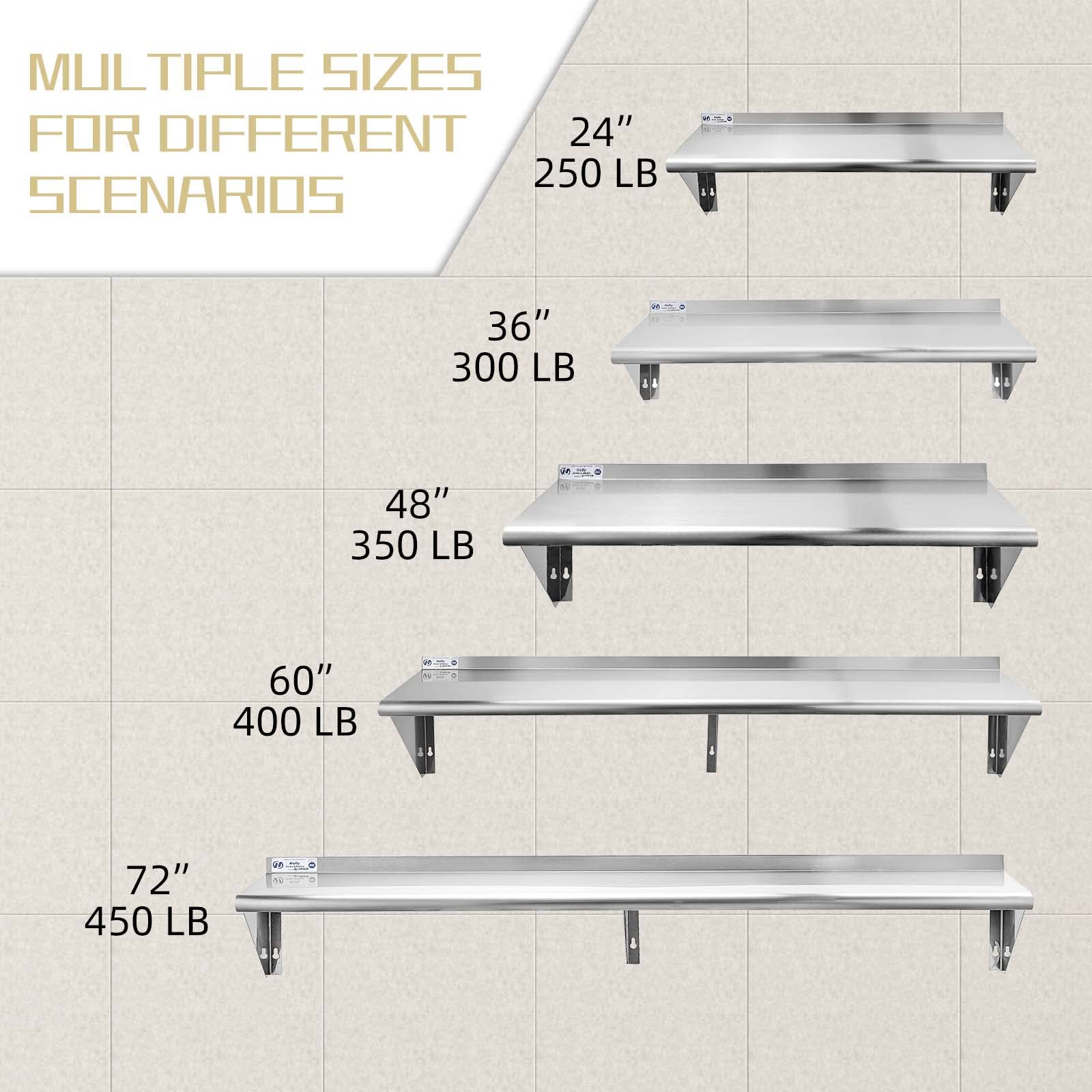 Hally Stainless Steel Shelf 14 x 24 Inches 250 lb Commercial Wall Mount Floating Shelving for Restaurant, Kitchen, Home and Hotel