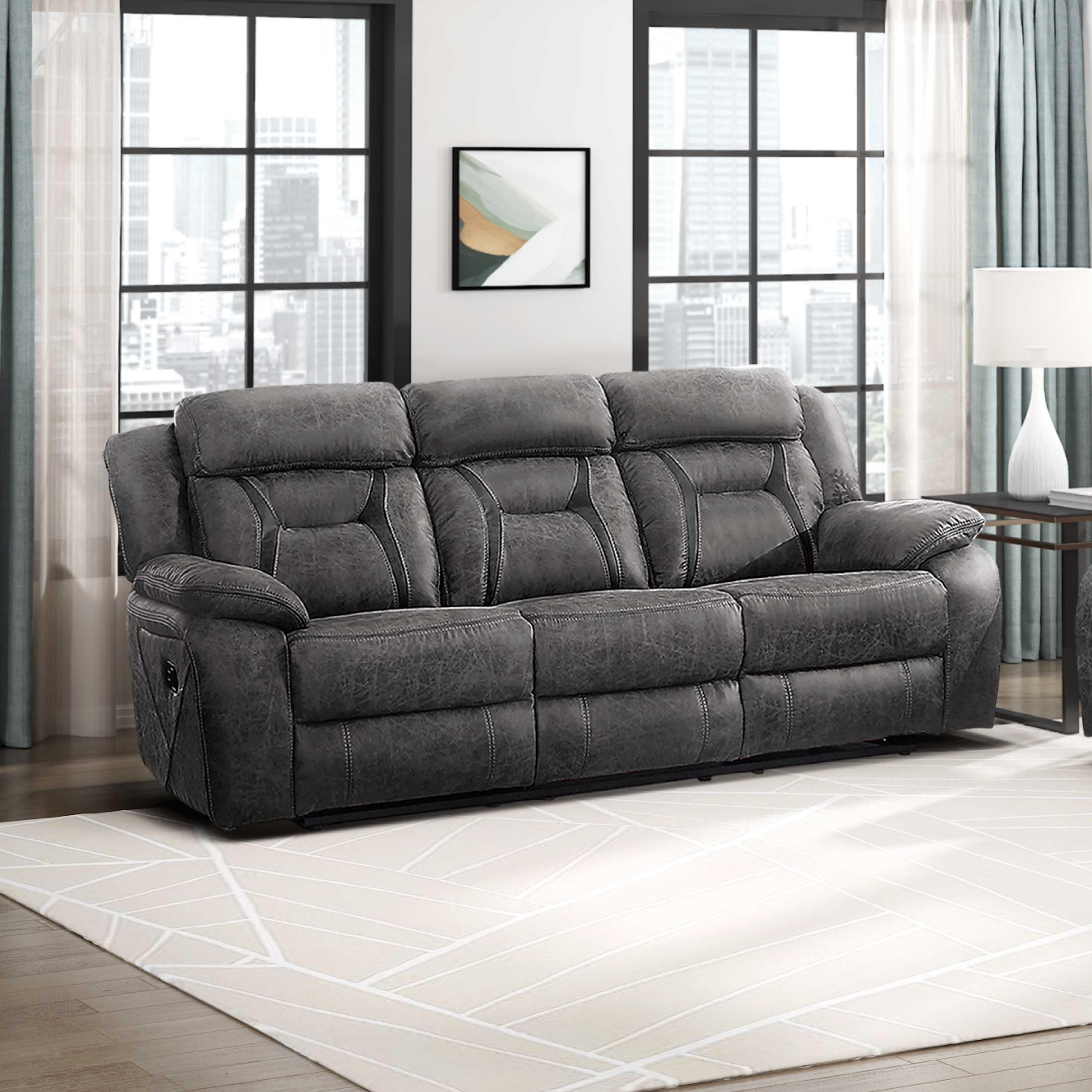 Homelegance Reclining Couch, Polished Microfiber Manual Double Recliner Sofa, Gray