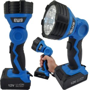 emb 12v lithium-ion led rechargeable cordless worklight flashlight torch 4.3 hours long lasting extra bright high power 4500 lux handle with charger included