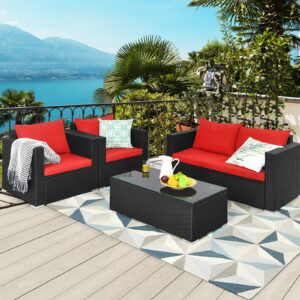 Tangkula 4 Piece Patio Rattan Conversation Furniture Set, Outdoor Wicker Sofa Set with Padded Cushion & Tempered Glass Coffee Table, Wicker Sectional Sofas and Table for Courtyard Balcony Garden