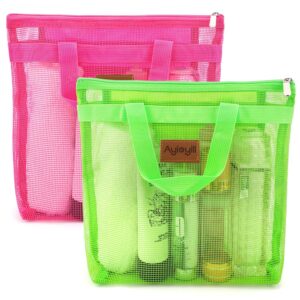 2 pcs shower mesh caddy bag quick dry hanging toiletry and bath organizer for travel and swimming with zipper (roes-green)