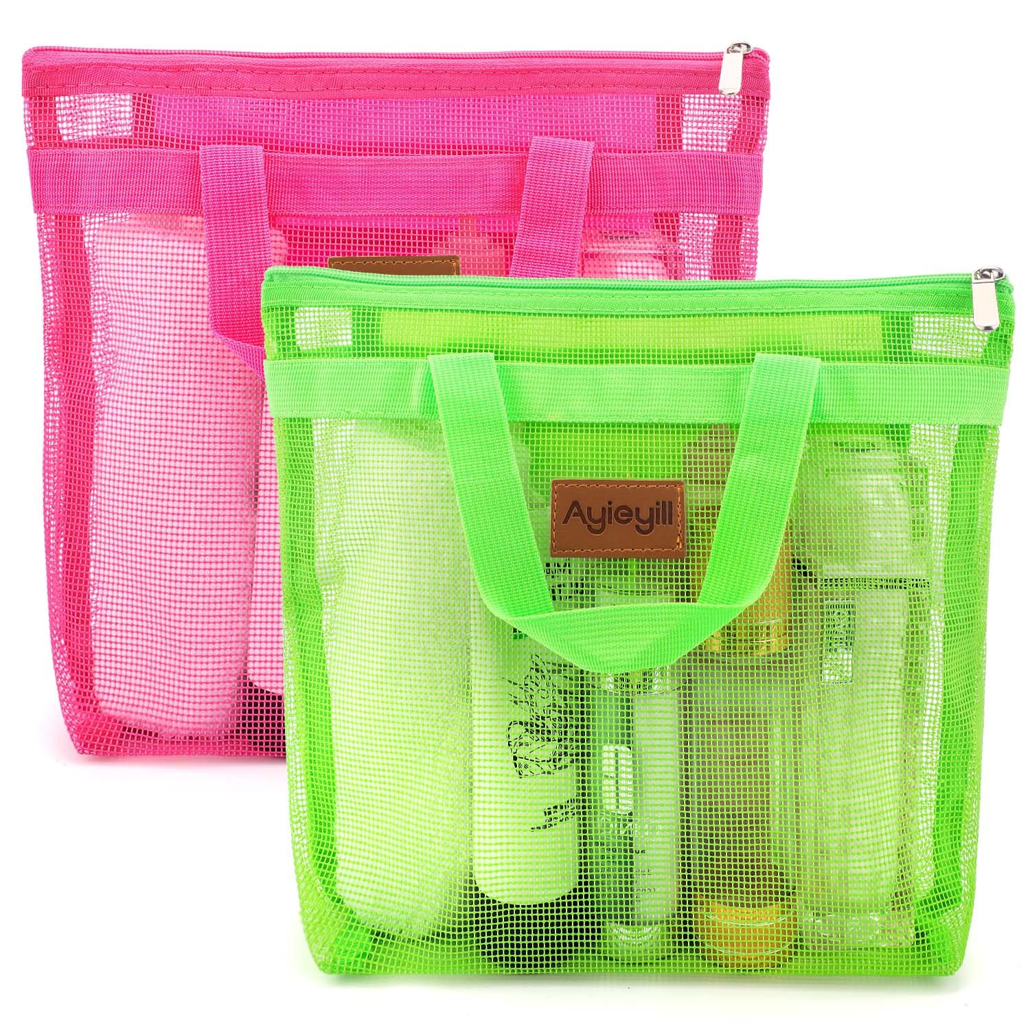 2 Pcs Shower Mesh Caddy Bag Quick Dry Hanging Toiletry and Bath Organizer for Travel and Swimming with Zipper (Roes-Green)