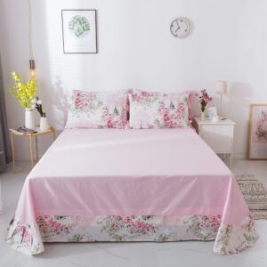 FADFAY Rosette Floral Duvet Cover Sweet Pink Girls Bedding Set 100% Cotton Ultra Soft Bed Sheets Set,5Pcs (1 Duvet Cover +1 Fitted Sheet+ 1 Flat Sheet +2 Standard Pillowcases), Twin Size