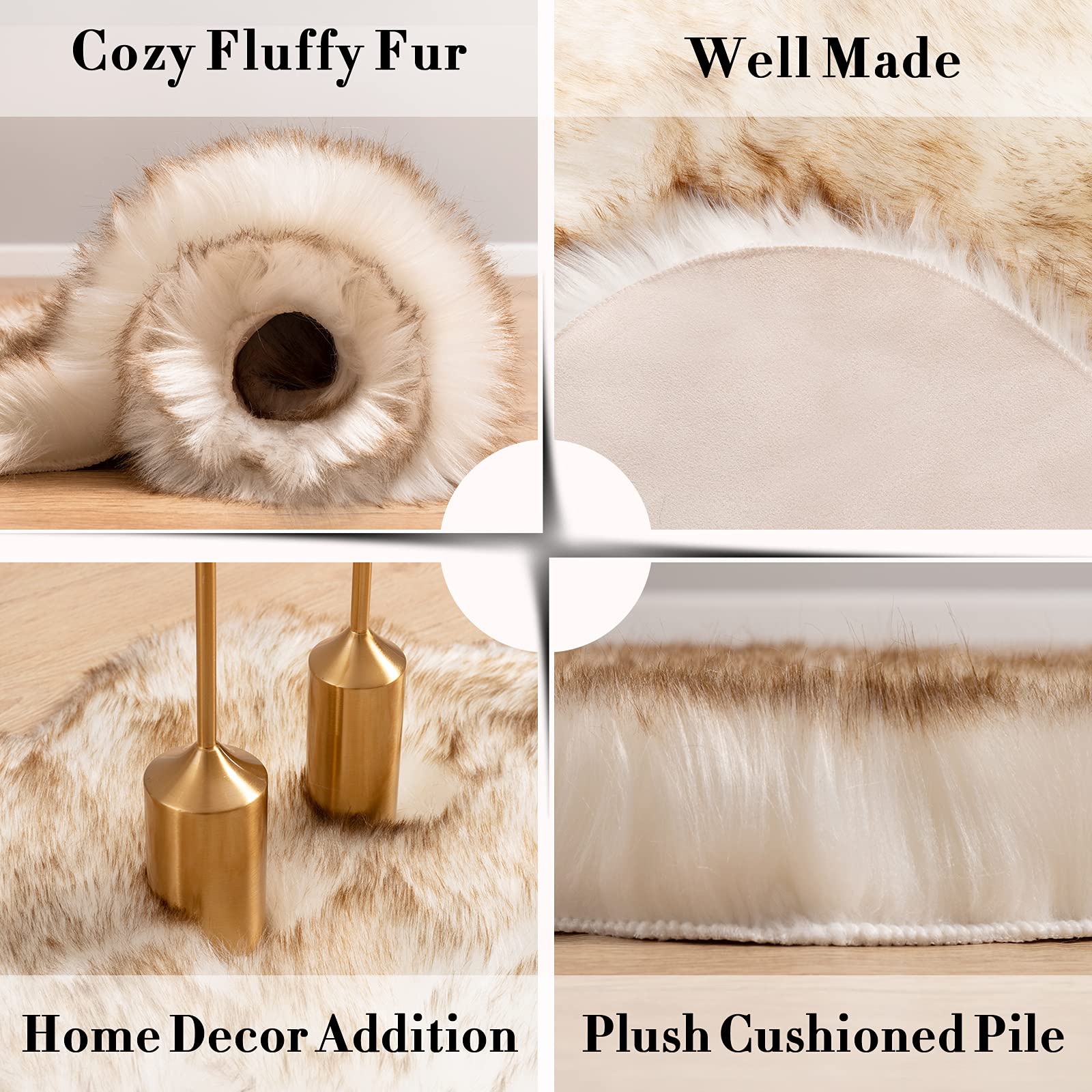 Carvapet Luxury Soft Faux Sheepskin Chair Cover Seat Cushion Pad Plush Fur Area Rugs for Bedroom, 2ft x 3ft, White with Brown Tips