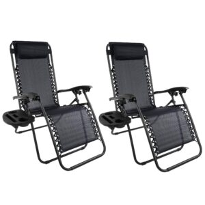 lavish home zero gravity chairs - set of 2 outdoor chairs with side tables with 2 cupholders, phone, and tablet holder and chair pillow (black)