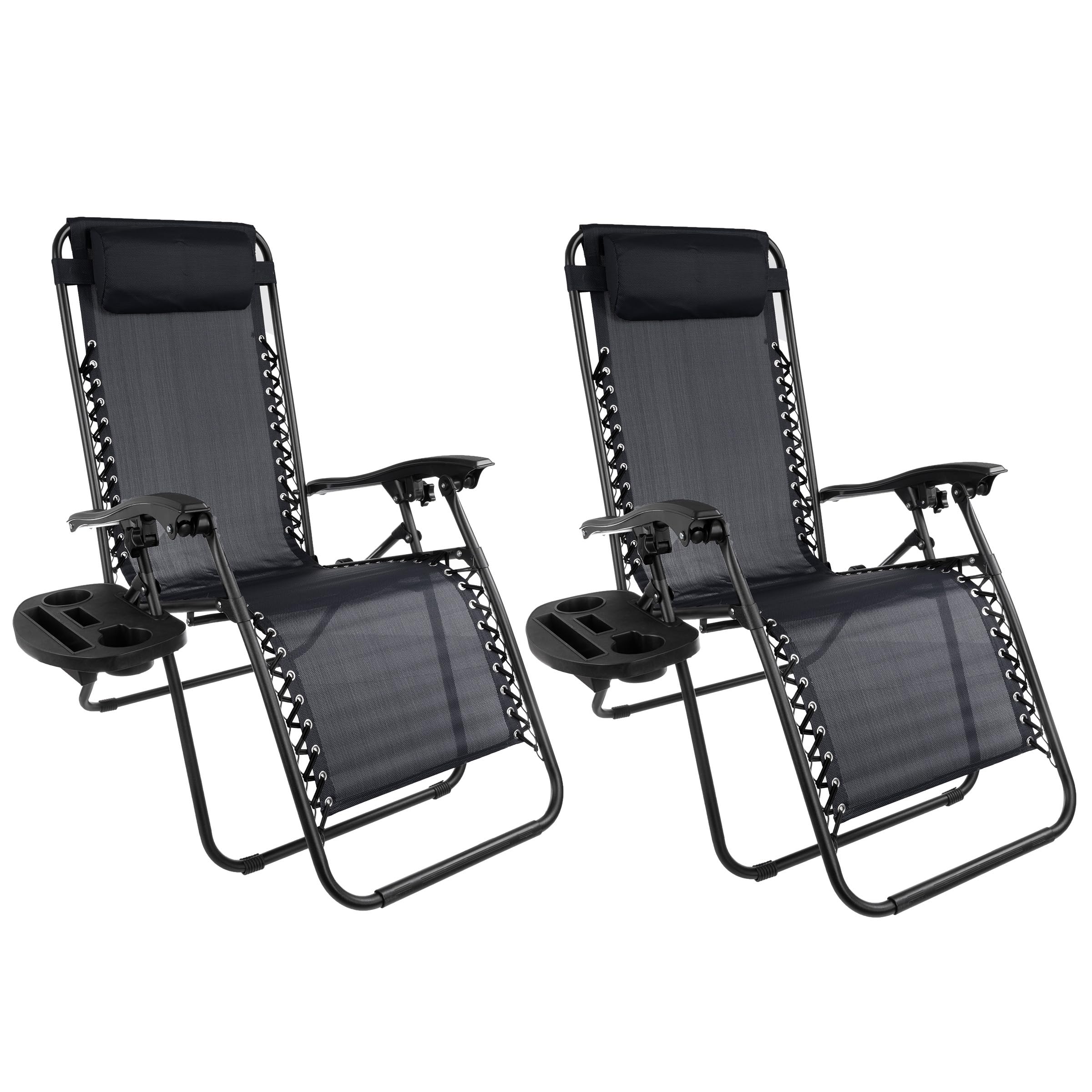 Lavish Home Zero Gravity Chairs - Set of 2 Outdoor Chairs with Side Tables with 2 Cupholders, Phone, and Tablet Holder and Chair Pillow (Black)