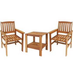 sunnydaze meranti wood 3-piece outdoor patio conversation set - 2 chairs and 1 table - teak oil finish