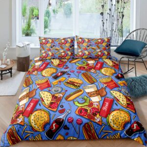 erosebridal american fast food bedding set twin size pizza hotdog comforter cover hamburger print duvet cover for kids boys girls children teens french fries cartoon style colorful quilt cover