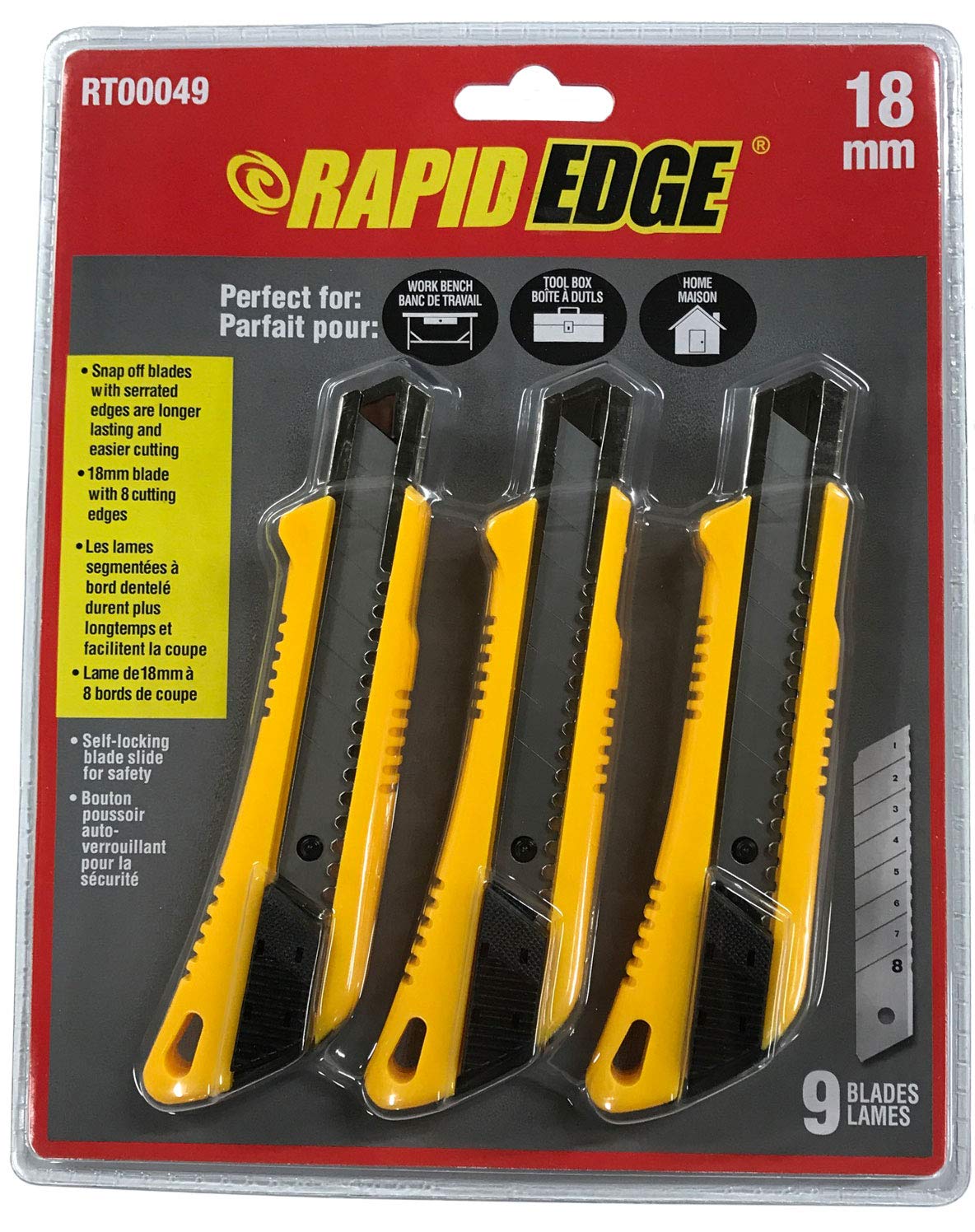 Rapid Edge All-Purpose 18mm Snap Off Utility Knife with 18mm Snap Off Blades, Pack of 3