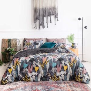 yuheguoji black floral duvet cover queen 100% cotton boho botanical flower duvet cover 3 pcs set 1 white daisy duvet cover with zipper ties 2 pillowcases hawaiian yellow grey leaves bedding set