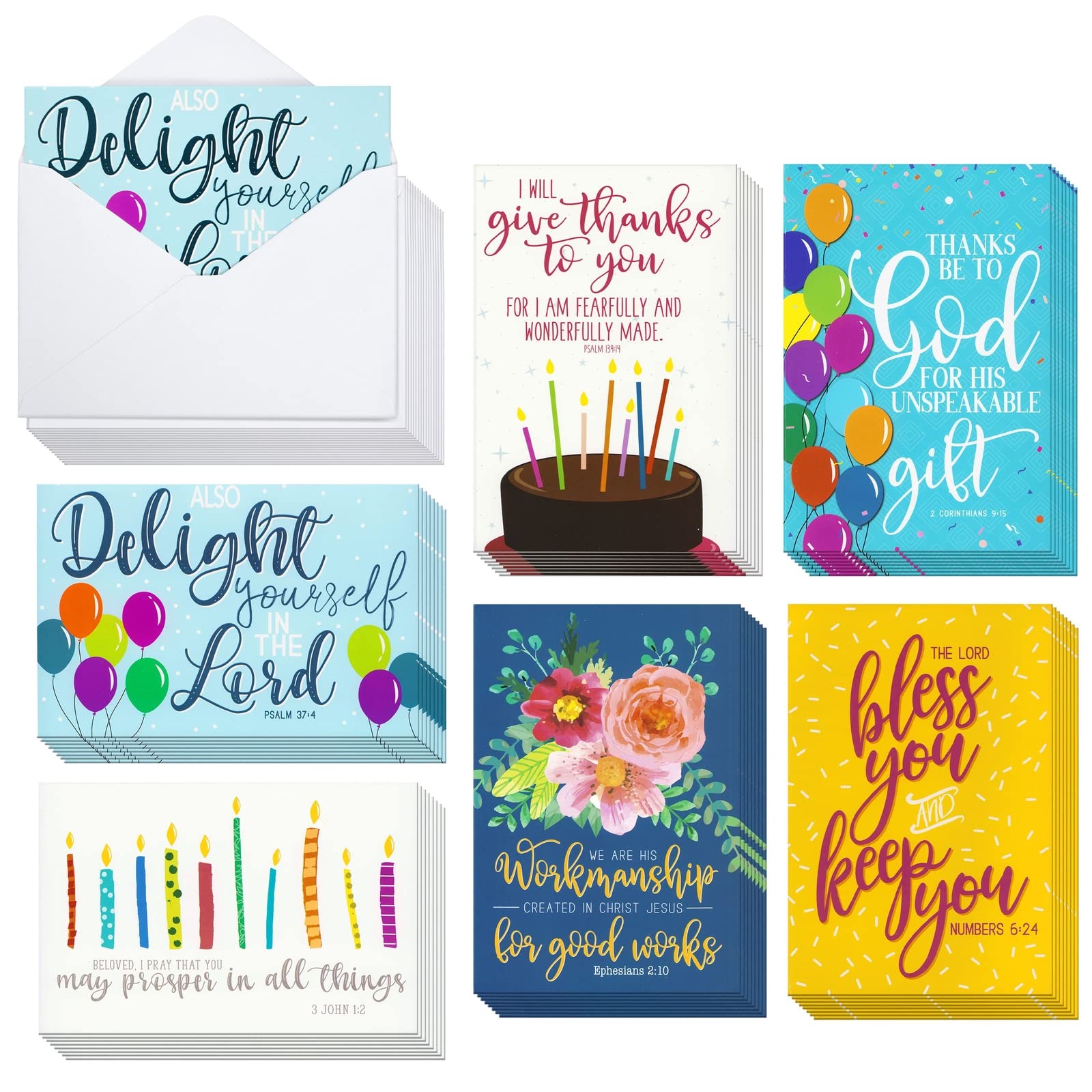 Faithful Finds 48 Pack Religious Christian Birthday Cards Bulk Set with Envelopes, Bible Verse Design (4 x 6 In)