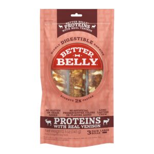 better belly proteins with real venison large rolls 3 count, digestible rawhide for dogs, 12.1 ounce (pack of 1)