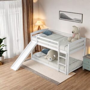 softsea floor bunk bed with slide for teens, twin over twin low bunk bed with full guardrails(white)