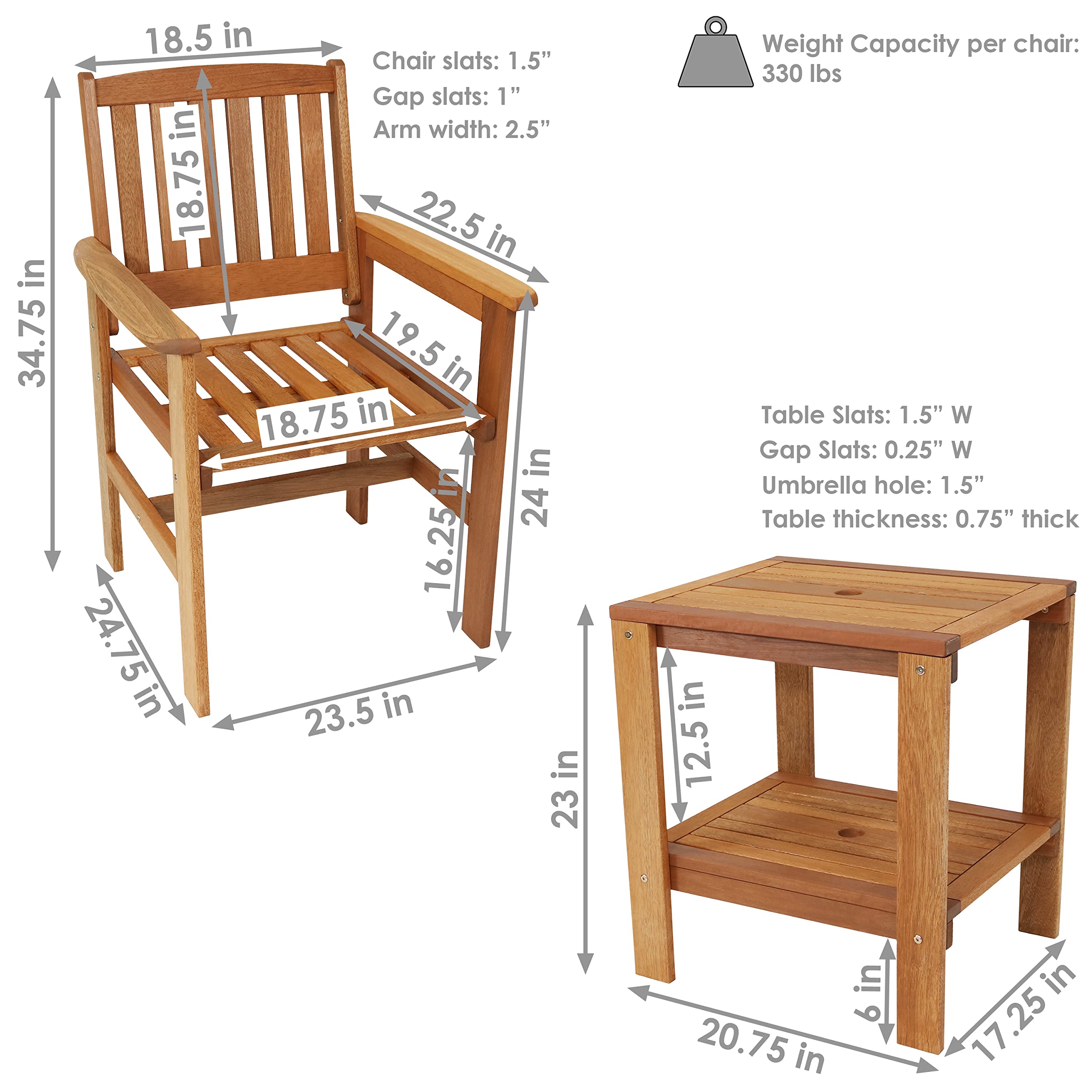 Sunnydaze Meranti Wood 3-Piece Outdoor Patio Conversation Set - 2 Chairs and 1 Table - Teak Oil Finish