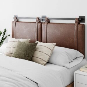 nathan james harlow modern wall mount hanging headboard, king, brown faux leather