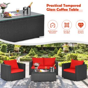 Tangkula 4 Piece Patio Rattan Conversation Furniture Set, Outdoor Wicker Sofa Set with Padded Cushion & Tempered Glass Coffee Table, Wicker Sectional Sofas and Table for Courtyard Balcony Garden