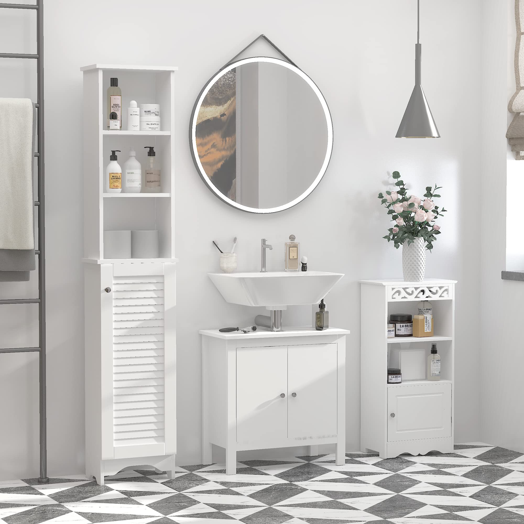 HOMCOM Tall Bathroom Storage Cabinet/Freestanding Linen Tower with 3-Tier Open Adjustable Shelf, White