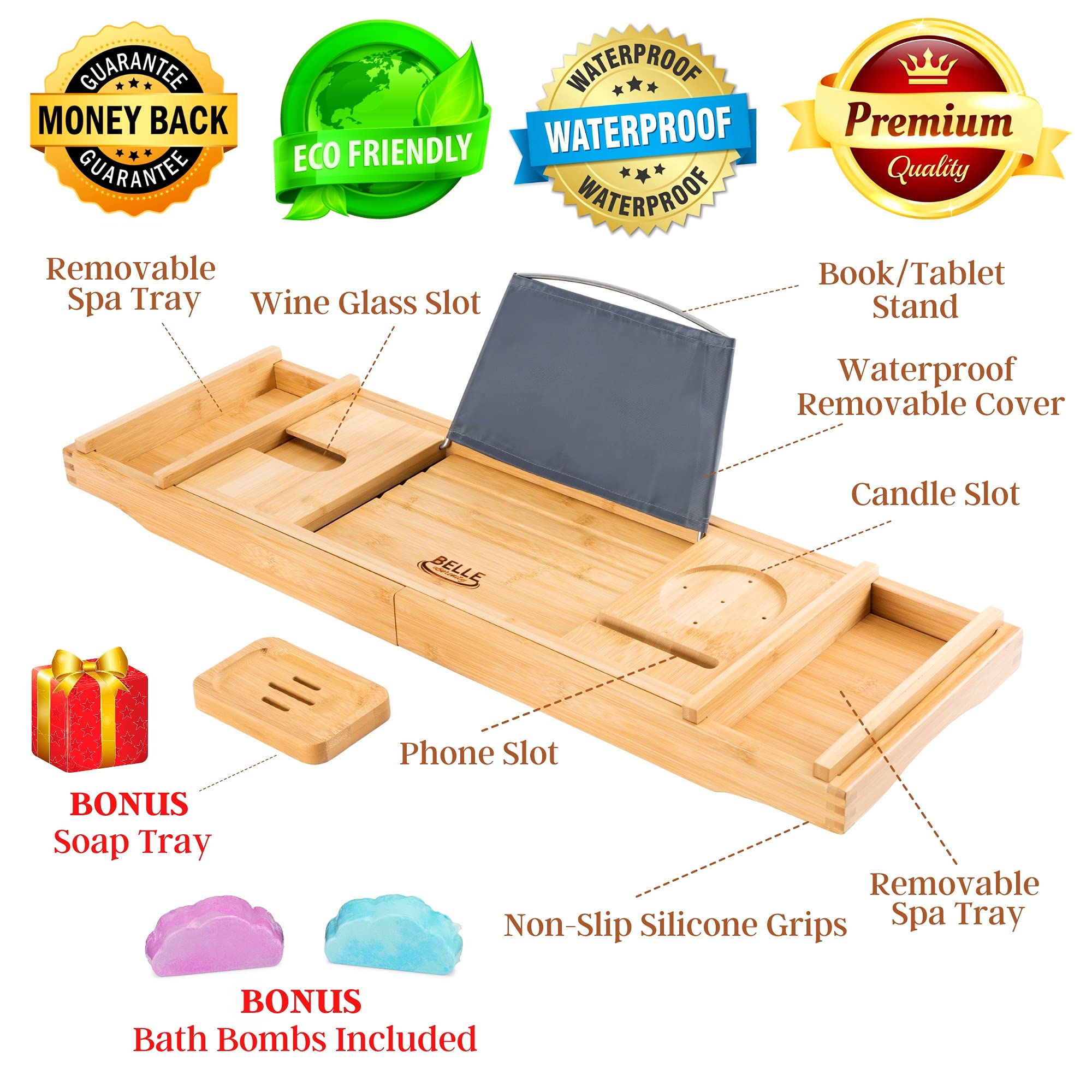 Luxury Bamboo Bathtub Caddy Tray with Two Free Bath Bombs, Soap Holder, and Non-Slip Silicone Grips - Durable and Solid - Expandable Organizer with Removable Spa Trays